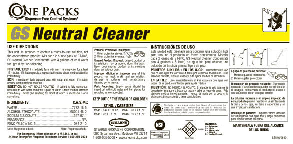 Stearns One Packs ST-845 GS Neutral Cleaner Concentrate - Label ...